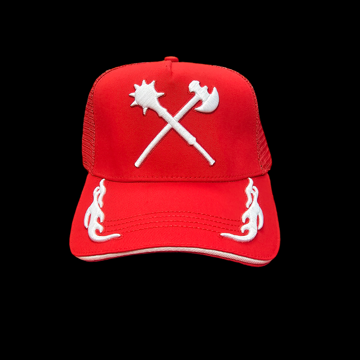 JUREN BLOCKING OUT THE BAD VIBES TRUCKER CAP HAT RED