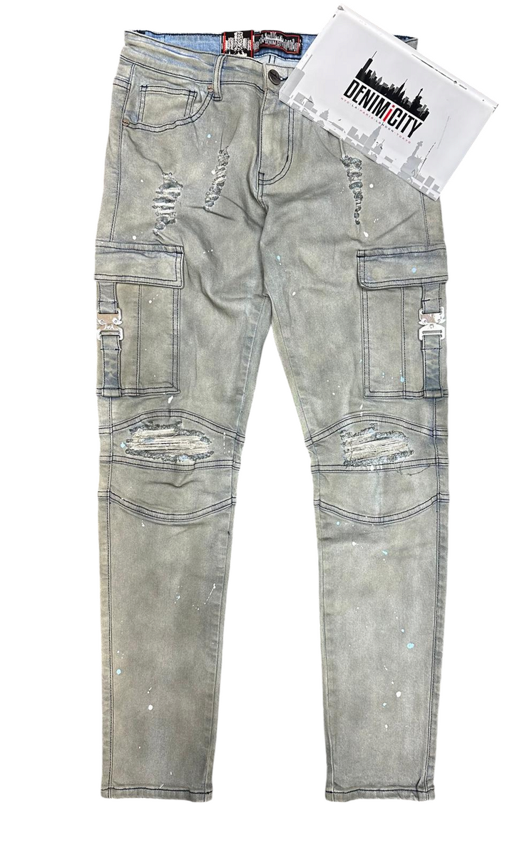 DENIM CITY SKINNY JEANS MECHANIC BLUE WASH CARGO METAL SNAP DENIM